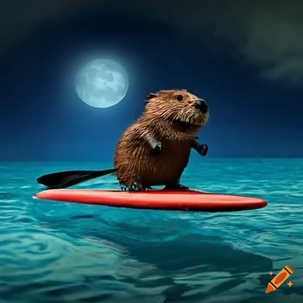 A realistic smiling beaver surfing on efoil under a spooky moon on Craiyon