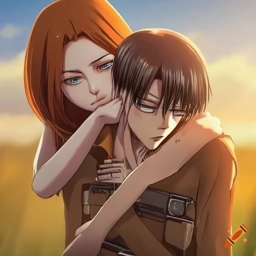 Levi ackerman hugging woman with ginger hair in the meadow sunset