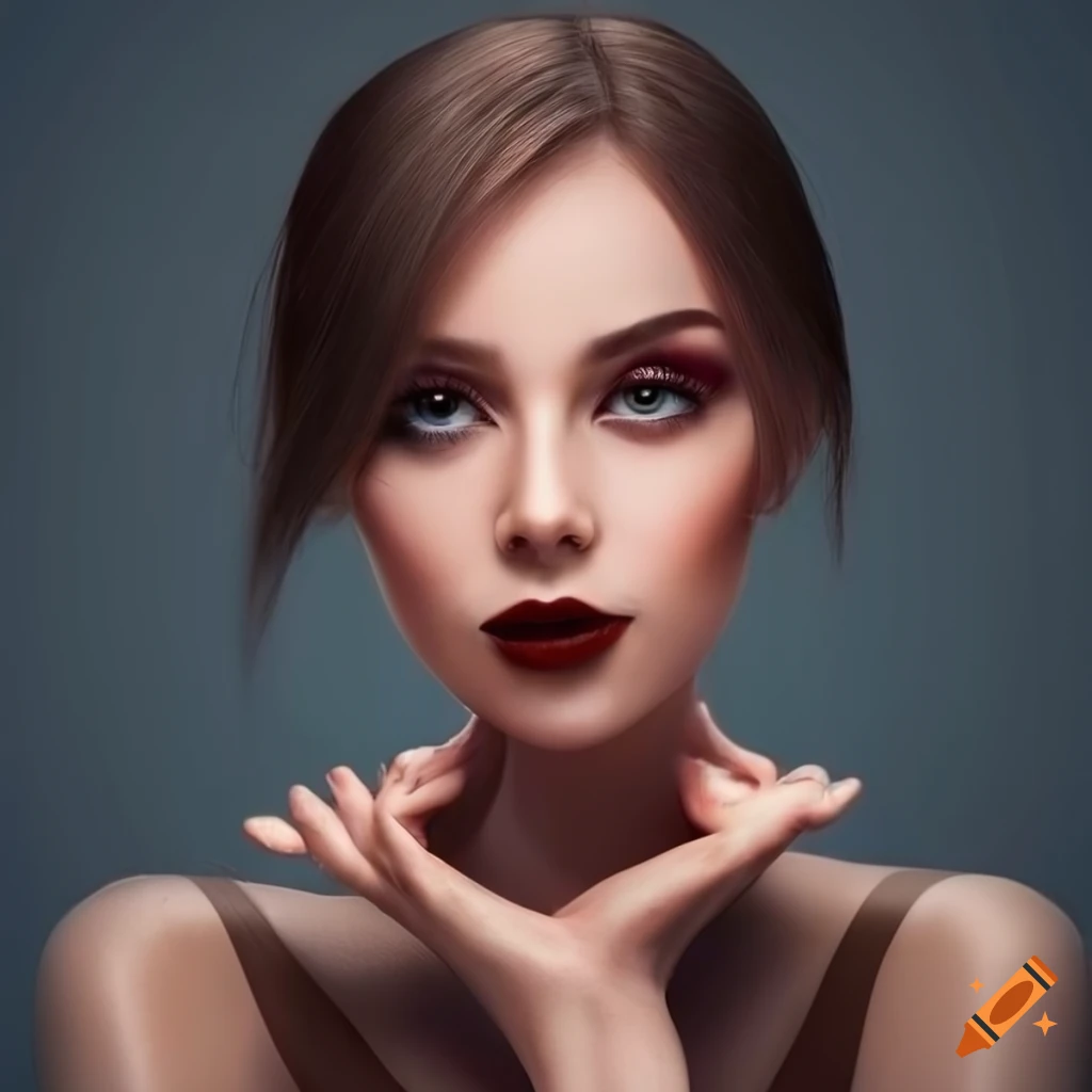 Young woman brown hair classy dressed on a dark background