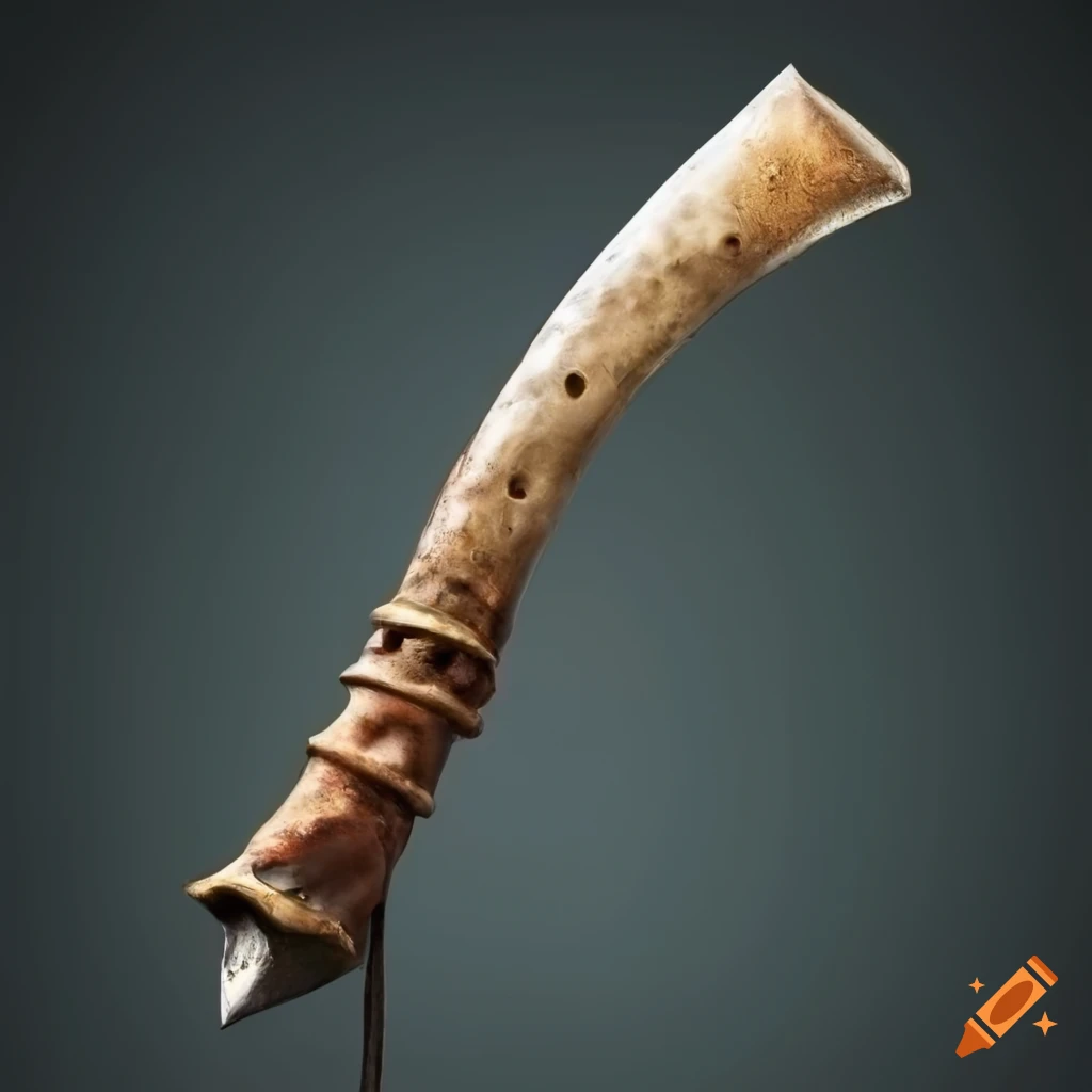 A prehistoric tan, sharp, horn weapon with hammered metal parts on Craiyon