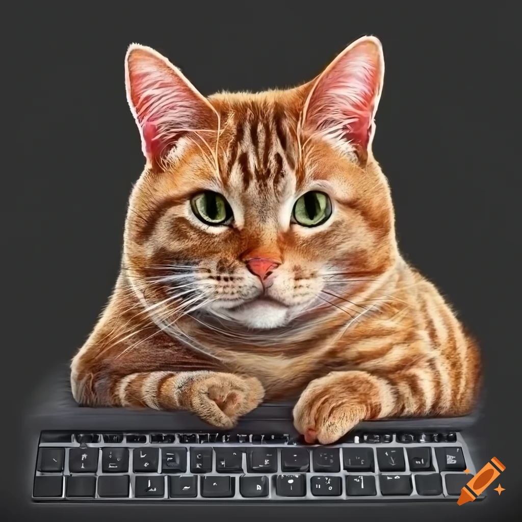 A curious red tabby cat laying on a keyboard ob black background