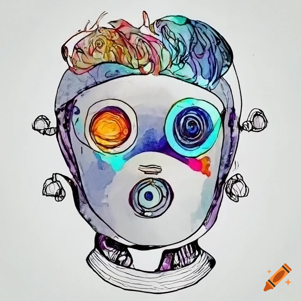 Ink and watercolor drawing of a robot with noodle hair on Craiyon
