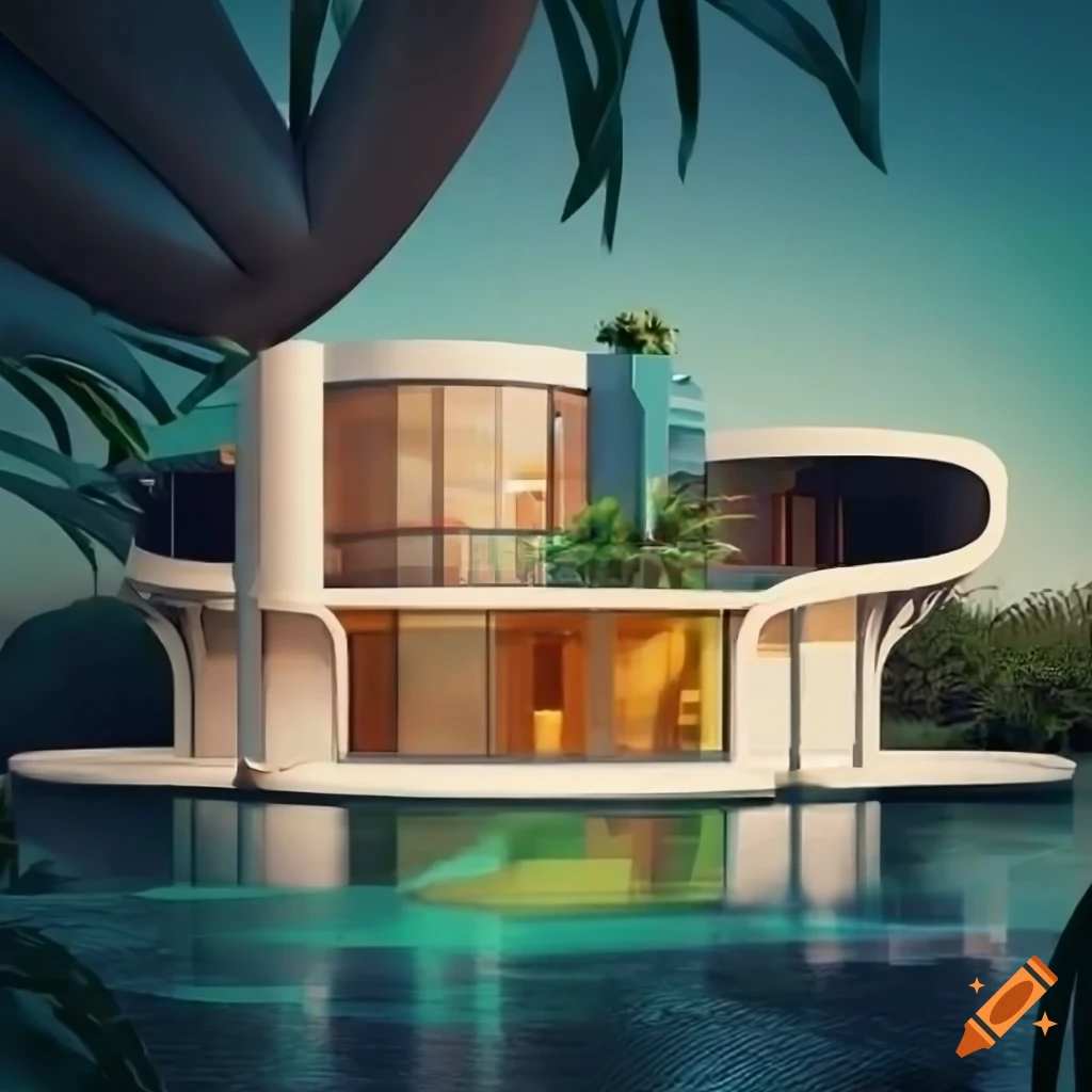 An art deco inspired house with curved walls, hipped roof, courtyard ...