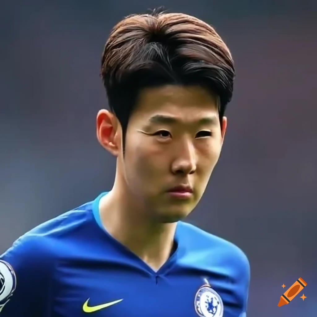 Portrait of heung min son serious expression while wearing a chelsea shirt