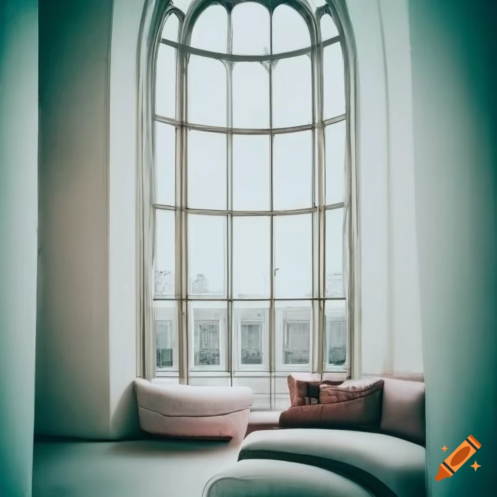 Abandoned curved white modern lobby with tattered pale pink sofas and curtains over long arched ...