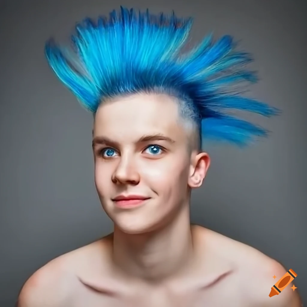 Happy young man in his late 10s with a stylish blue mohawk and blue ...