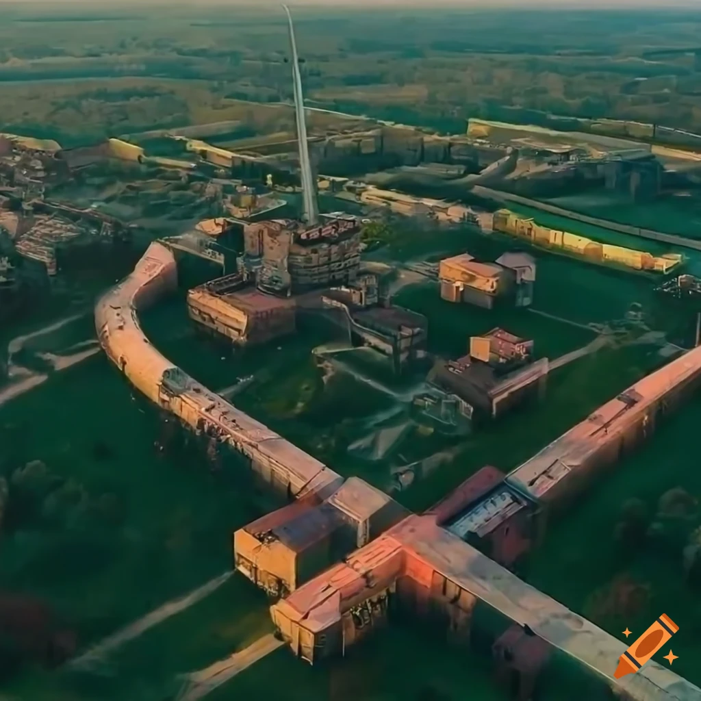 Small post soviet industrial town, bird eye view, realistic, different ...