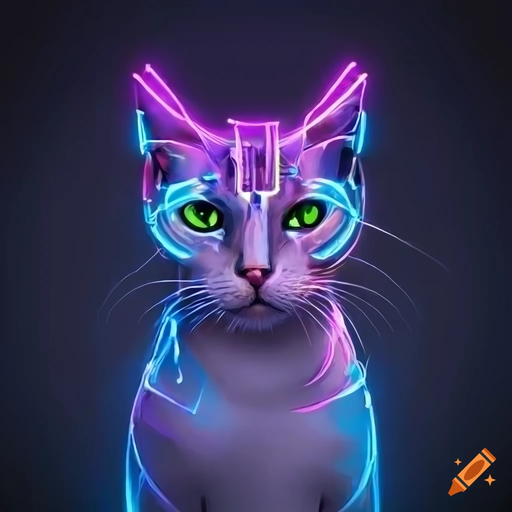 Digital art of a futuristic cat with neon lights