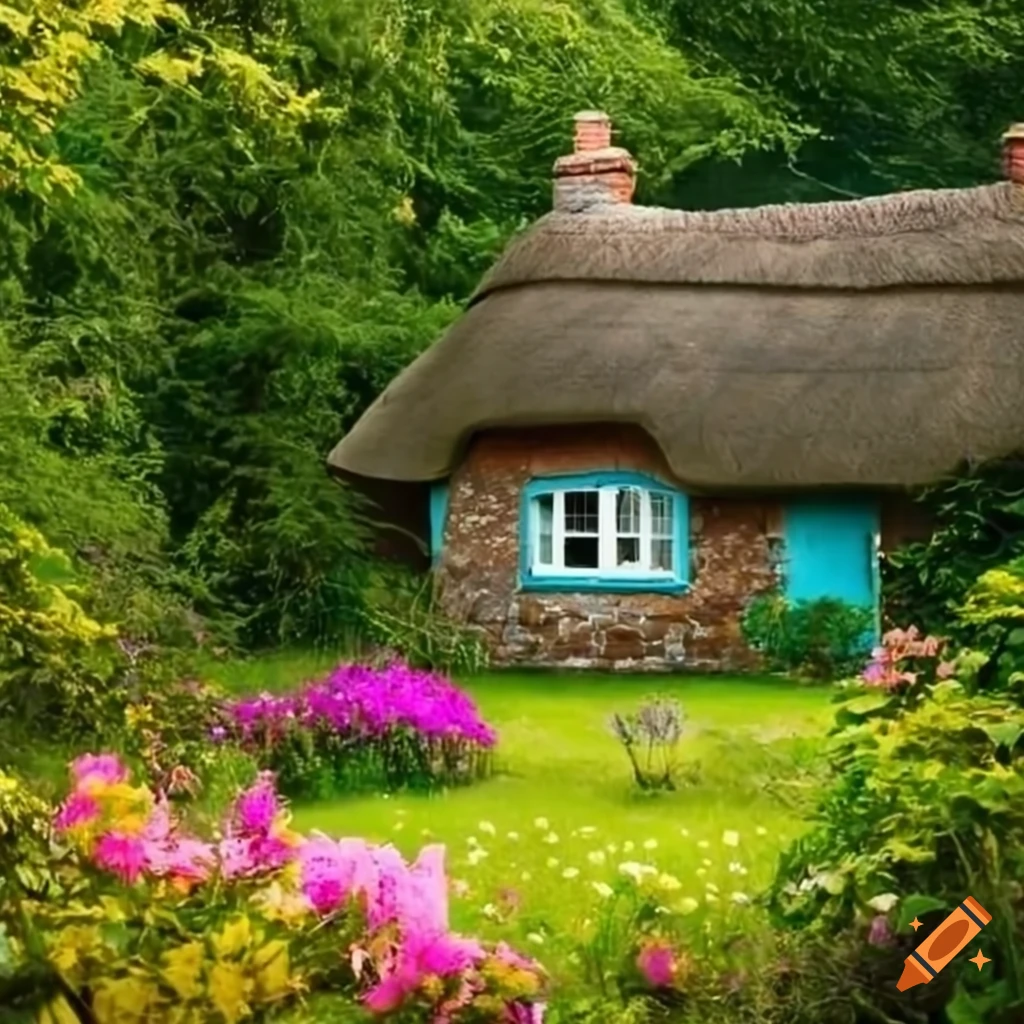 Small thatched cottage surrounded with flowers and trees on Craiyon
