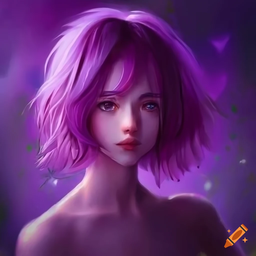 Digital art of a detailed character with purple and magenta hues on Craiyon