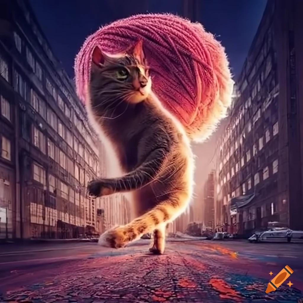 City with giant cat chasing a massive ball of yarn
