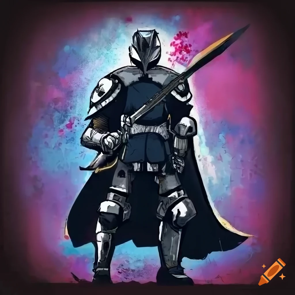 A knight wearing black armor and half helmet, manga, manga, color, ink ...