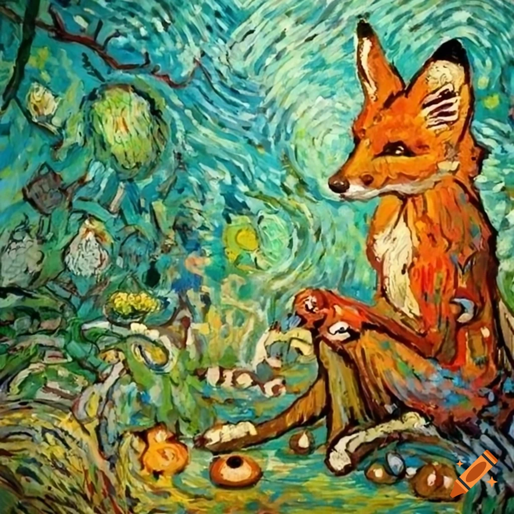 Secret magical garden with toadstools and fox in the style of van gogh ...