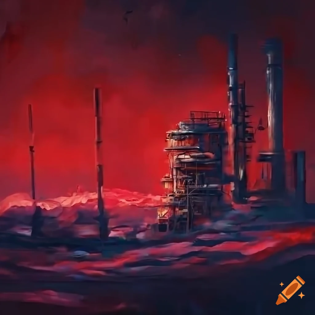 Environment concept art, heavily industrial aesthetic, oil refinery ...