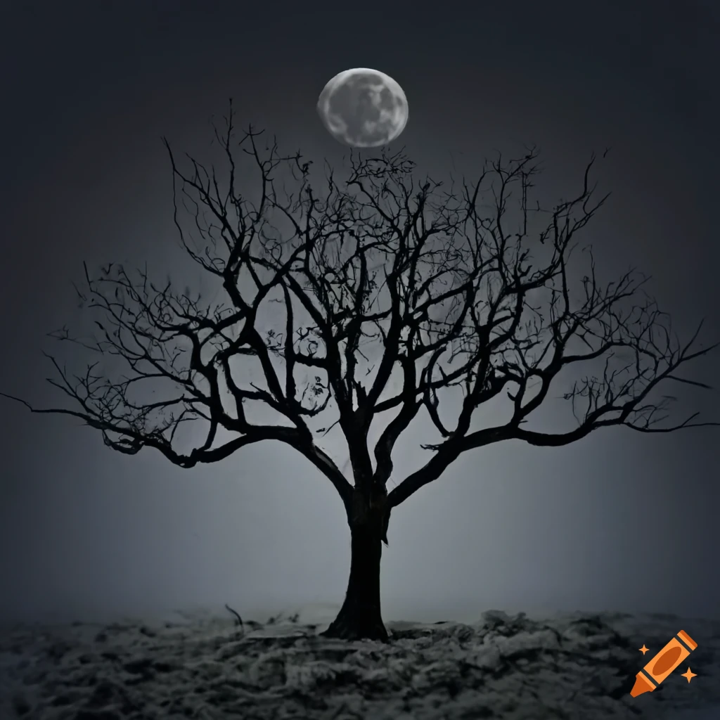 Uncluttered simple spooky tree with a full moon on Craiyon