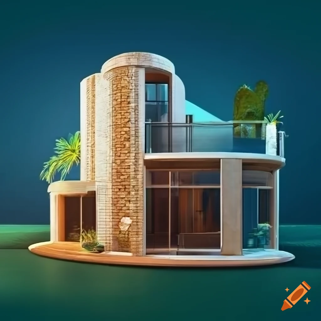 An art deco inspired house with curved walls, hipped roof, courtyard ...