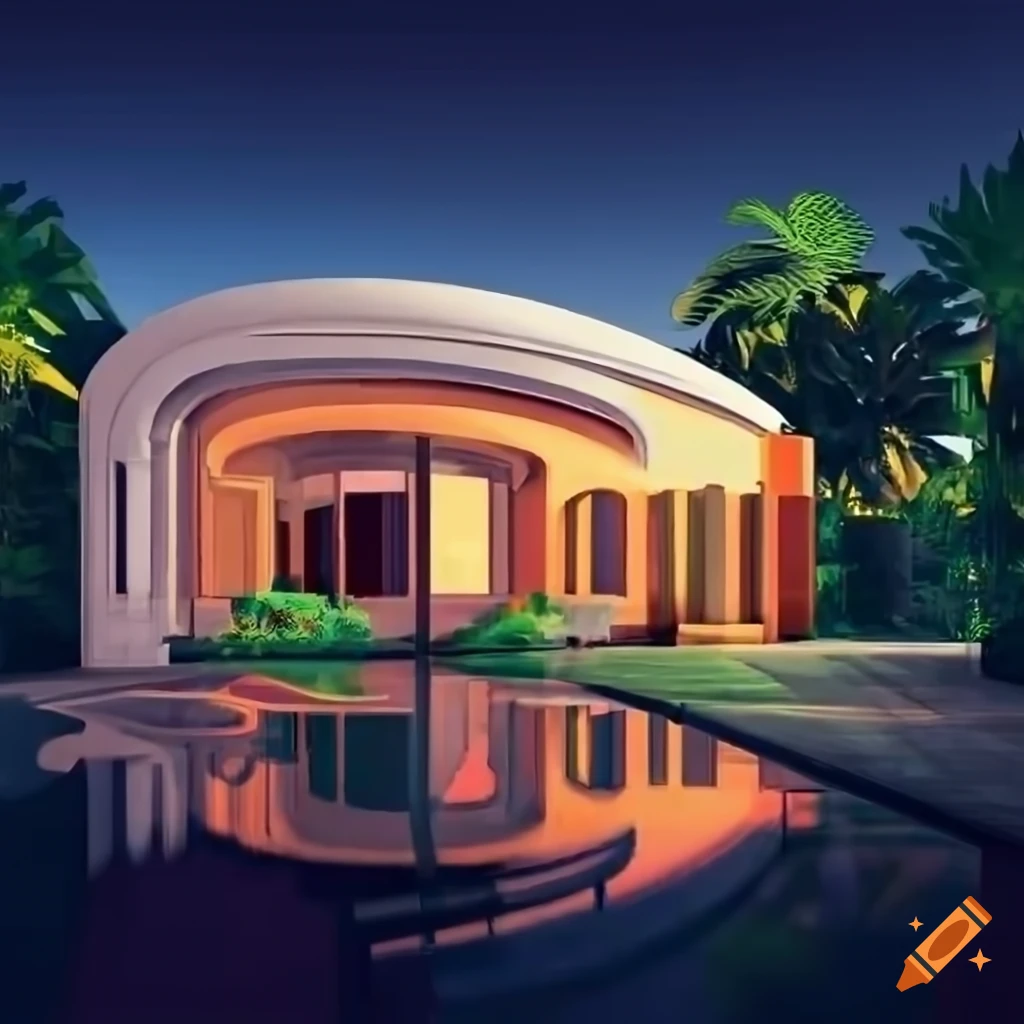 An art deco inspired house with curved walls, hipped roof, courtyard ...