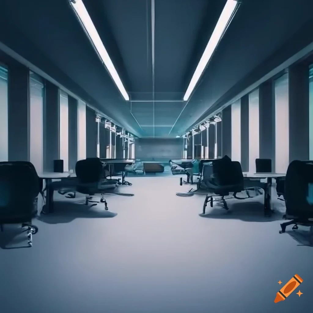 Empty work office with old technology, flouracent lighting, no windows ...