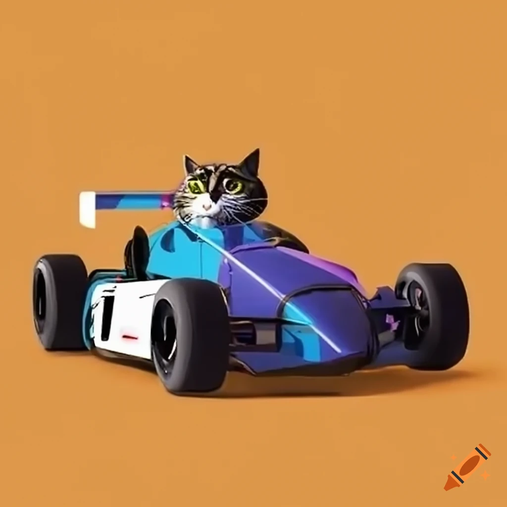 Make a picture of cat driving a formula car