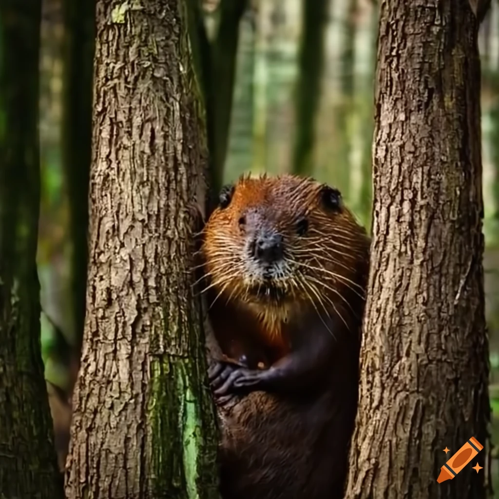 Beaver hiding behind a tree