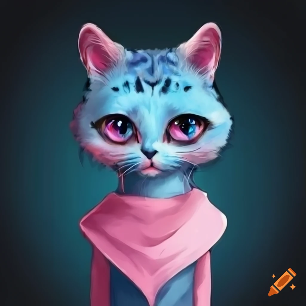 A cute anthropomorphic cat with blue hair and pink eyes