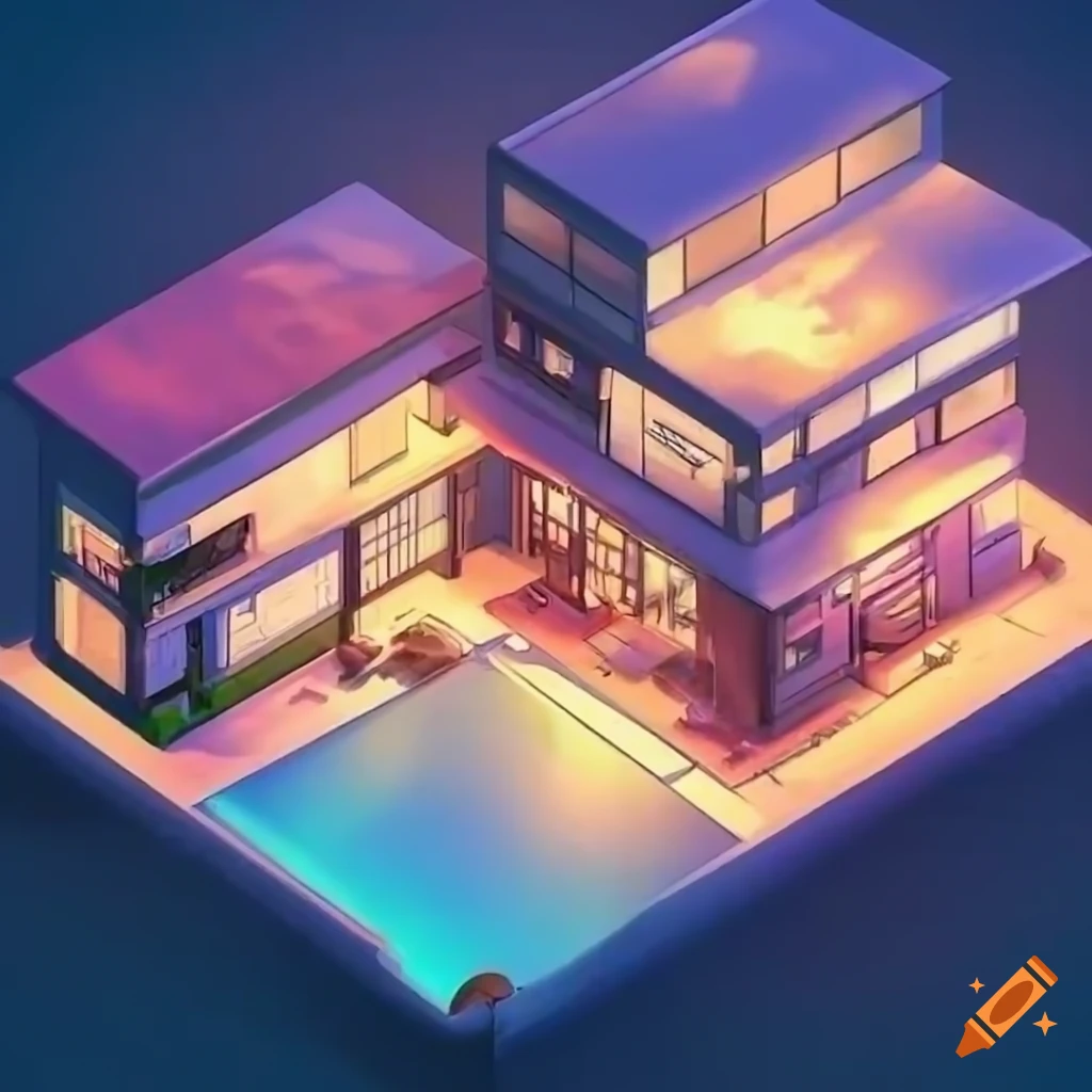 A gigantic modern house , isometric view, 4K, detailled on Craiyon