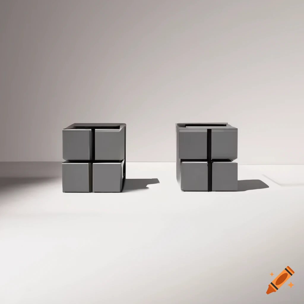 Six metalic cuboids on white ivory floor. and glowing sun on the left ...