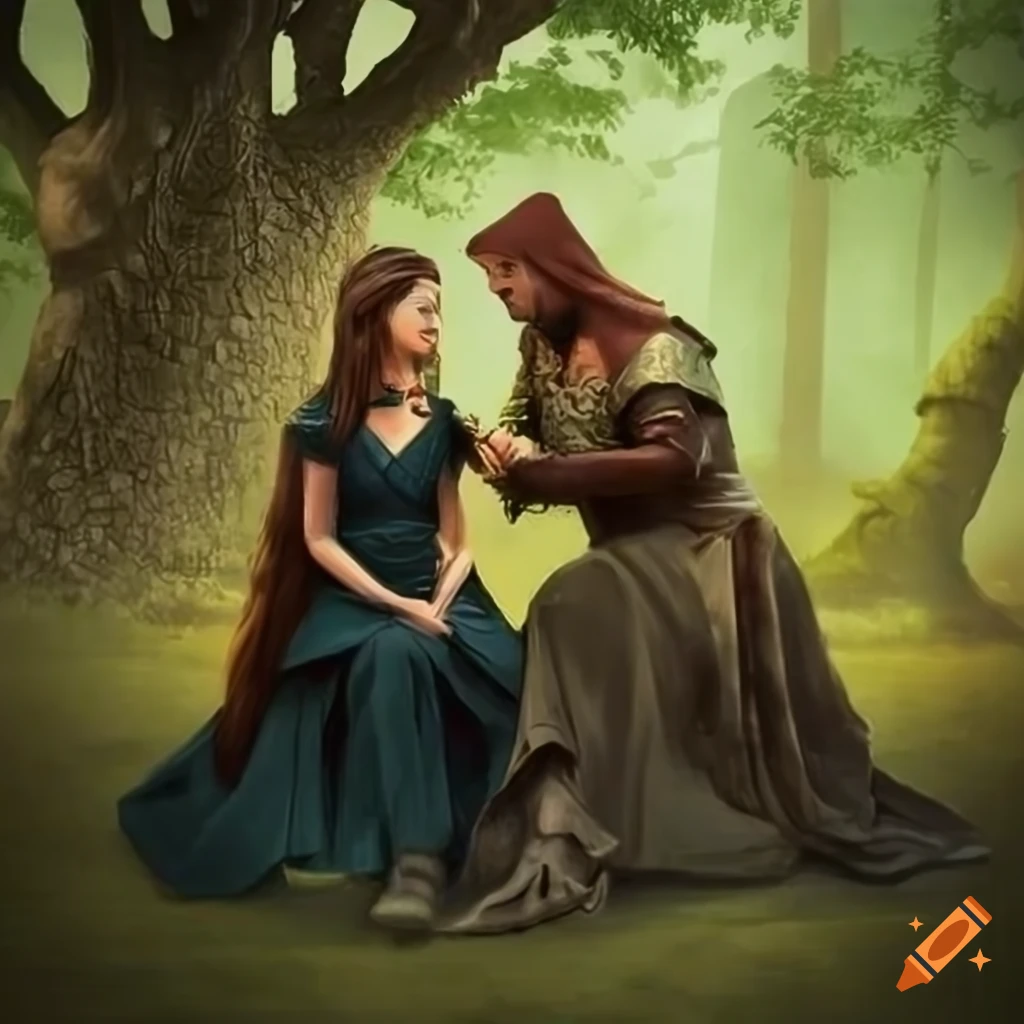 MEDIEVAL COUPLE SITTING AT THE TREE SURROUNDED BY MYSTERY, FANTASY ...
