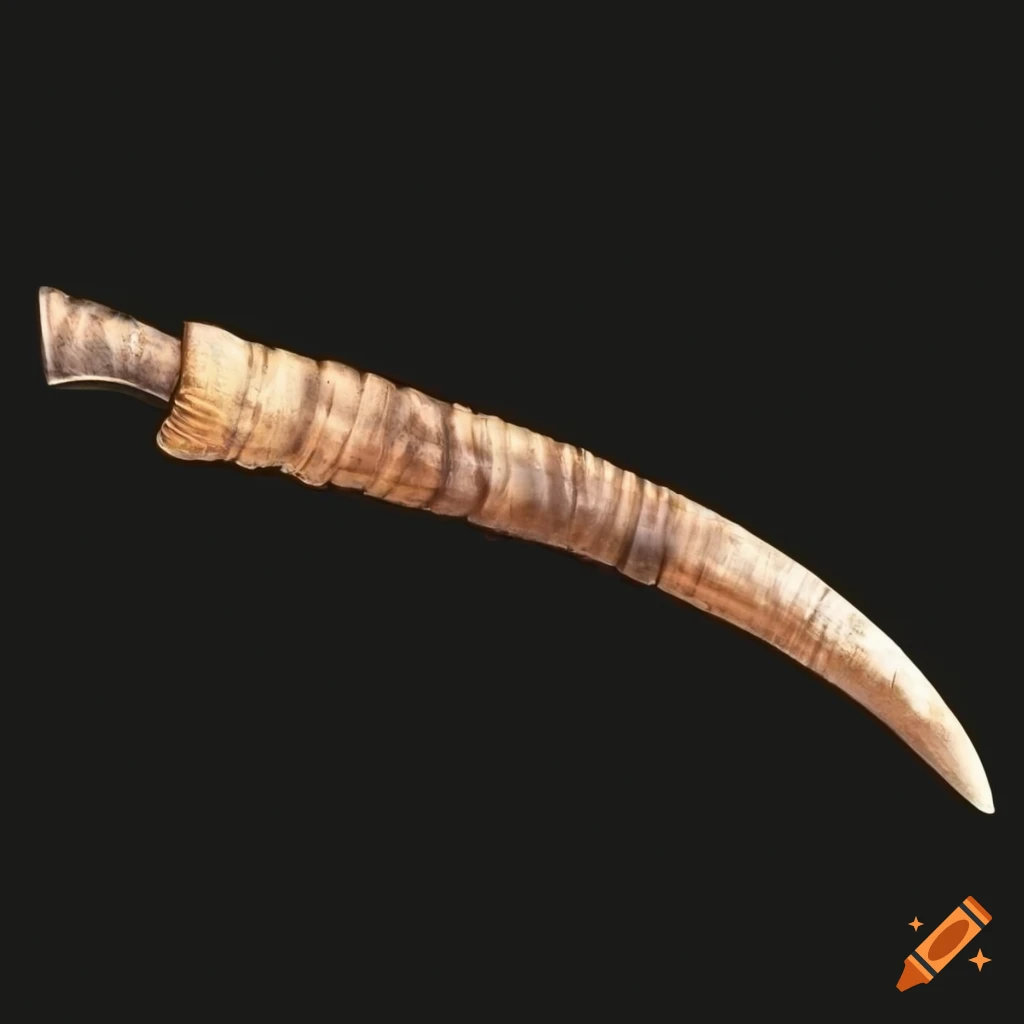 A prehistoric tan, sharp, horn weapon with hammered metal parts on Craiyon