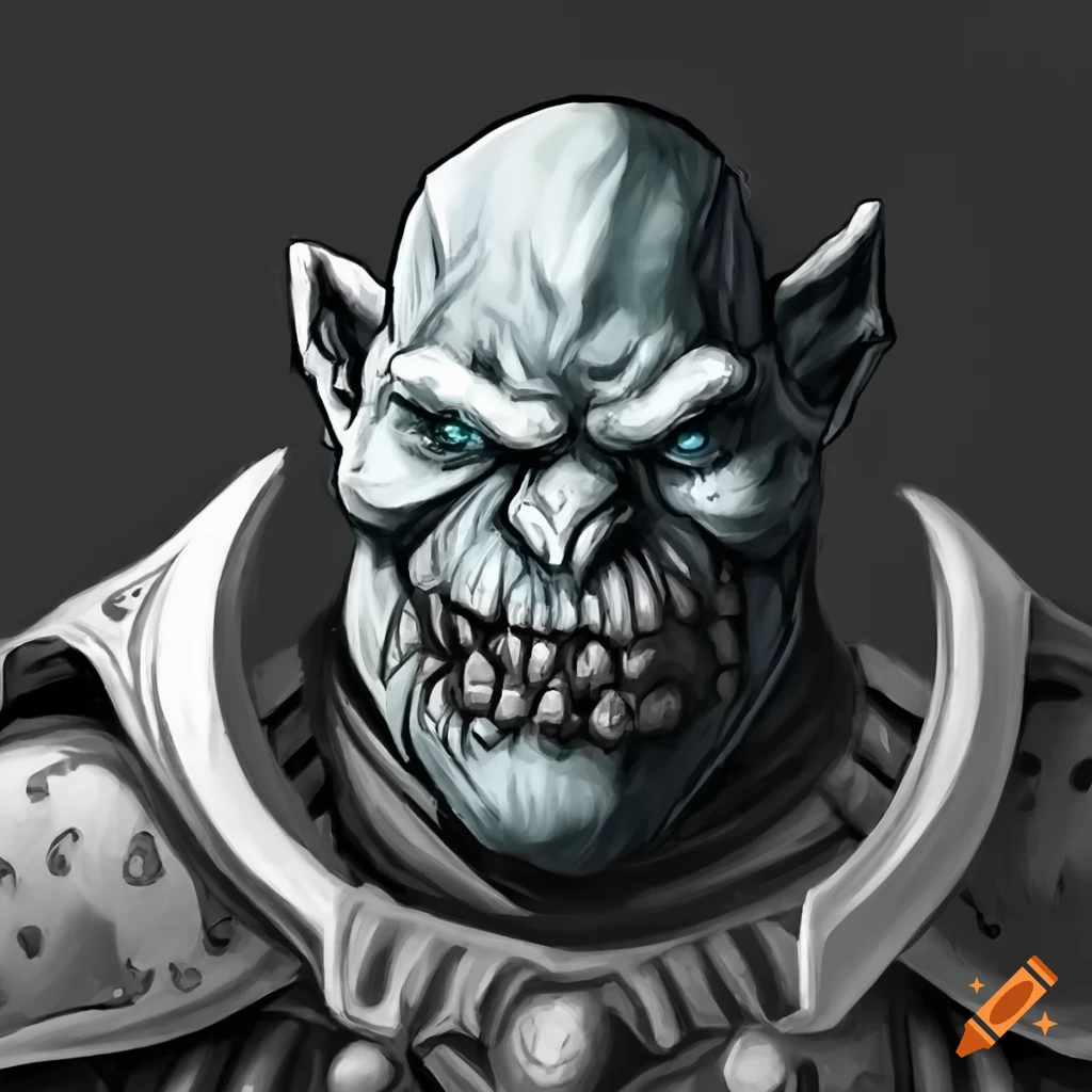 Tall grey orc paladin with blue eyes. wise