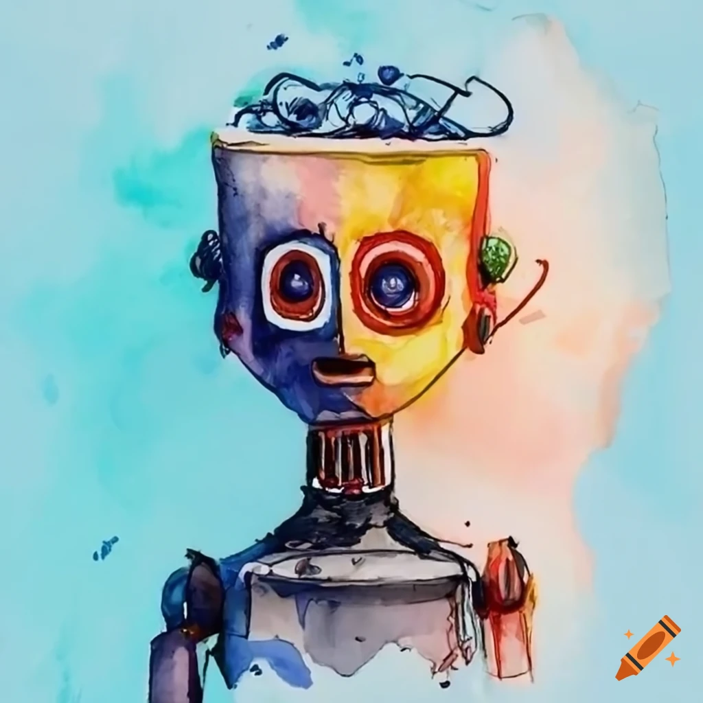 Watercolor robot with noodles for hair black ink