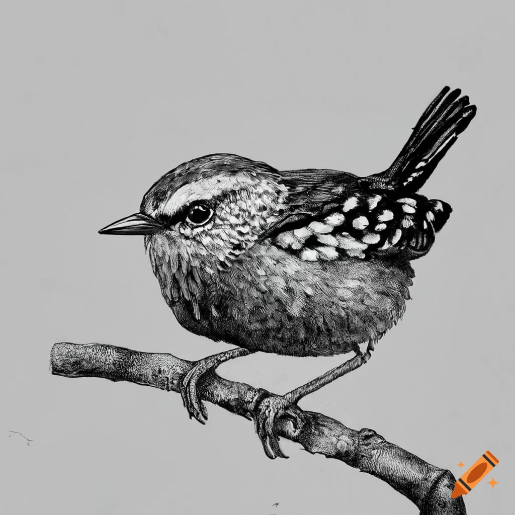 Black and white drawing of a wren bird perched on a branch