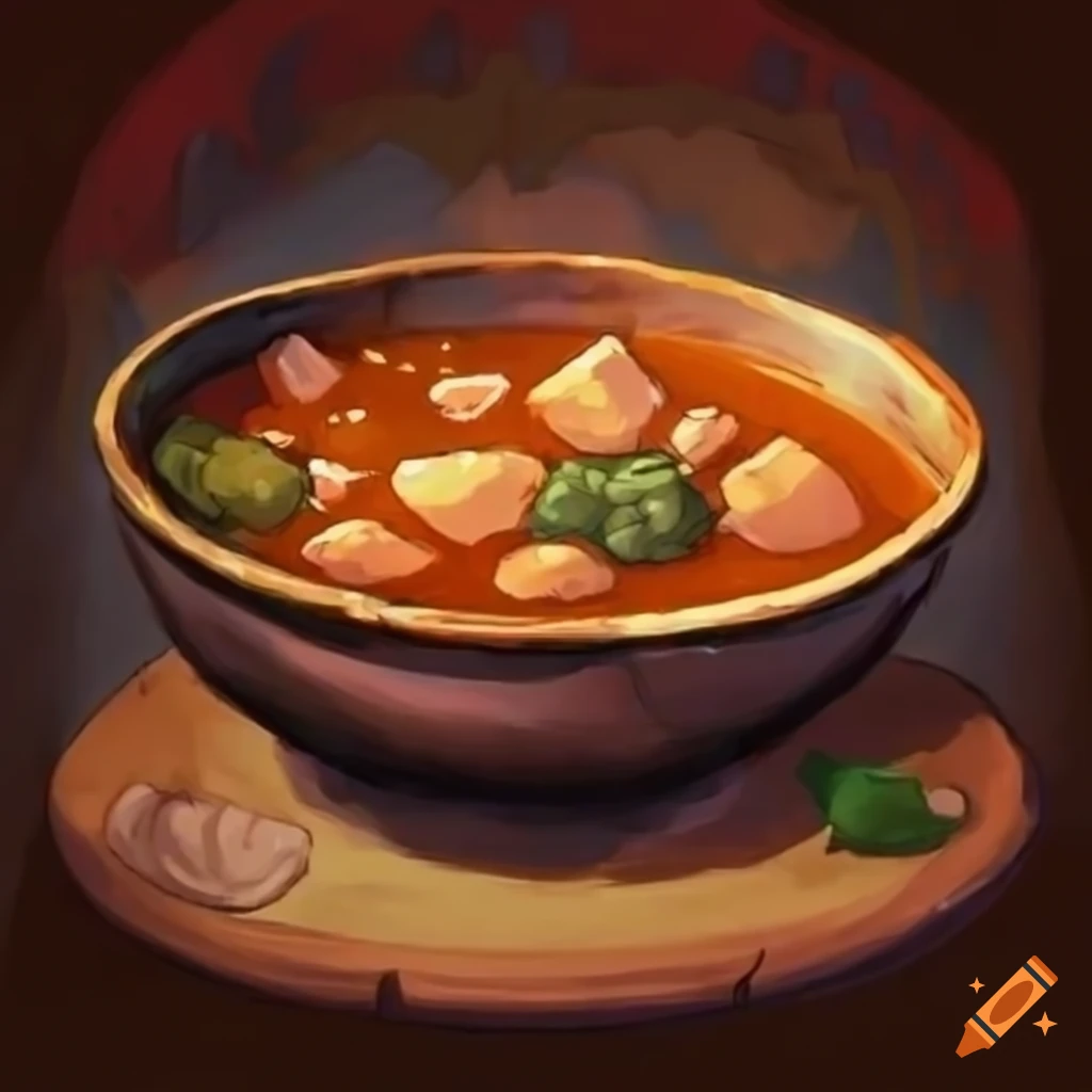 A hearty bowl of stew from a tavern, dungeons and dragons inventory item by studio ghibli