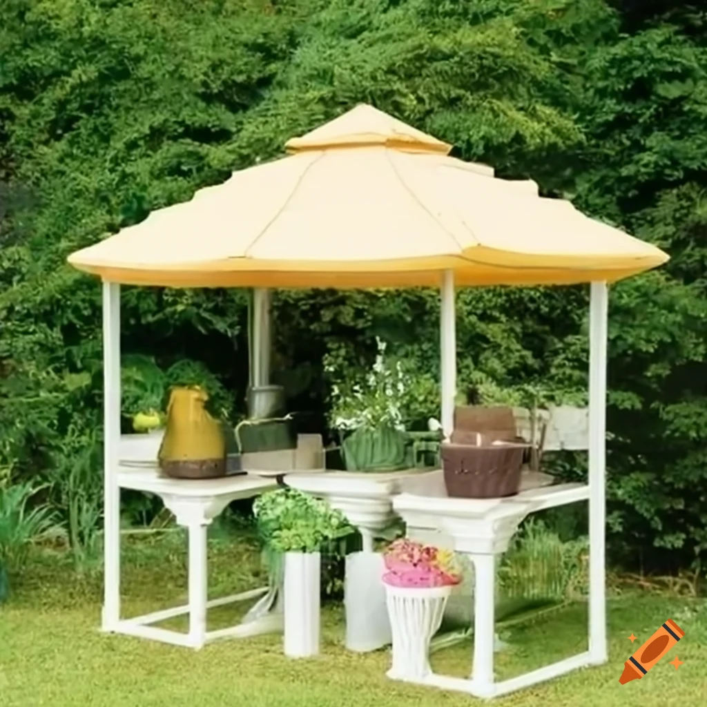 Outdoor 80's style refreshment stand by a garden