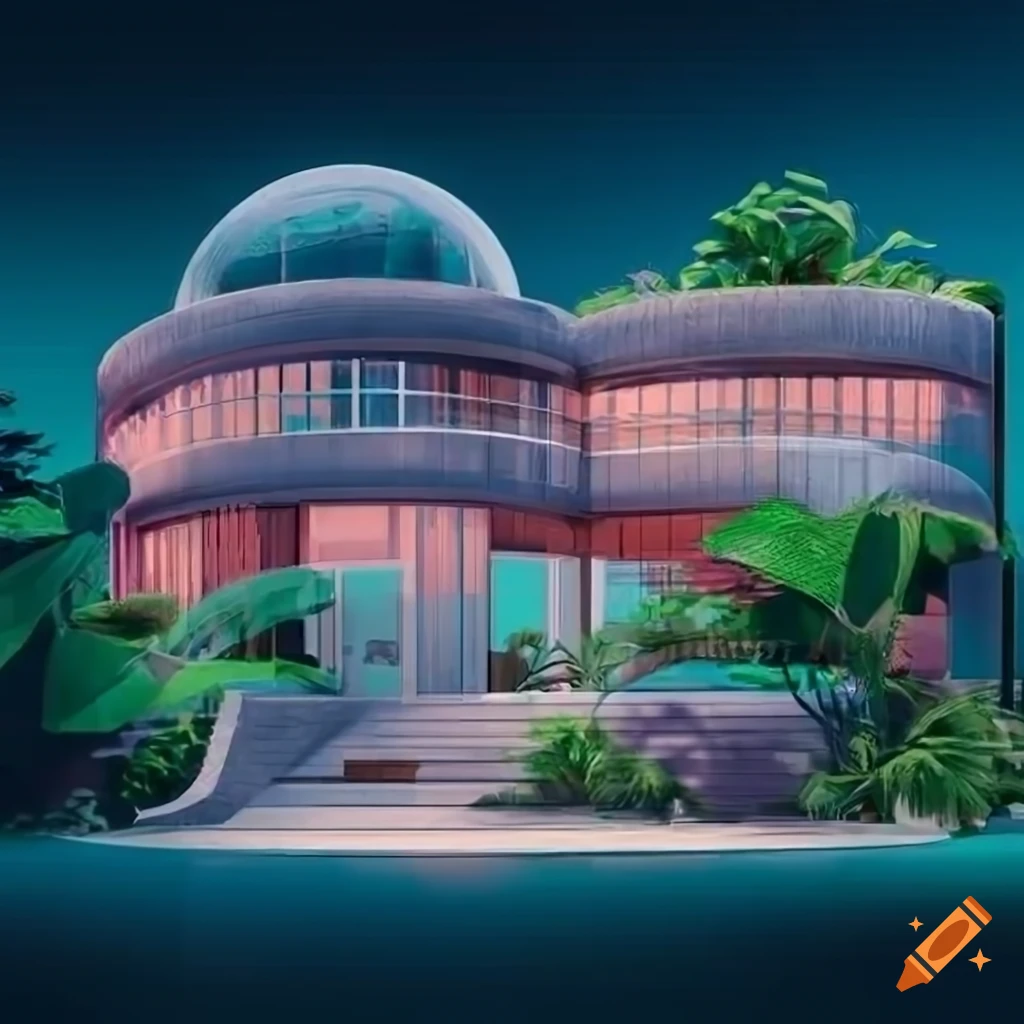 An art deco inspired house with curved walls, hipped roof, courtyard ...