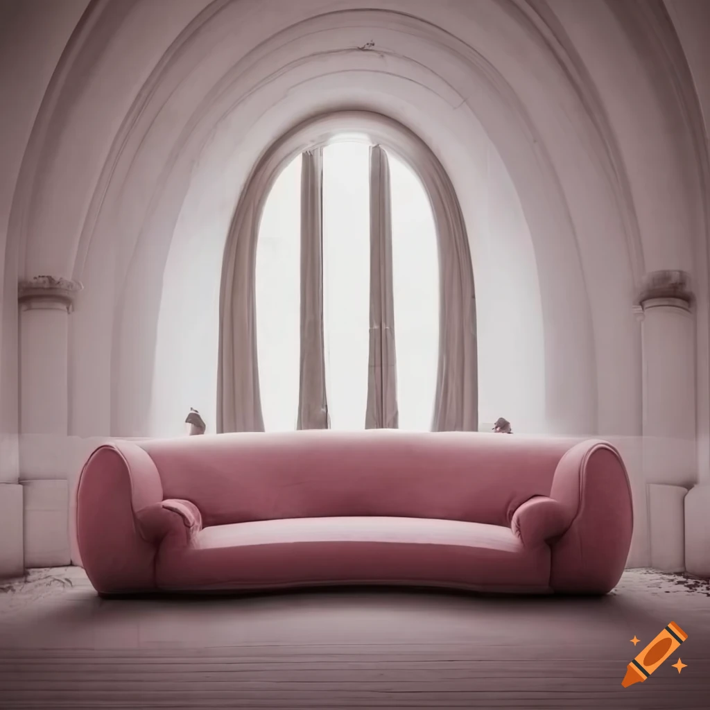 Abandoned curved white modern lobby with tattered pale pink sofas and ...