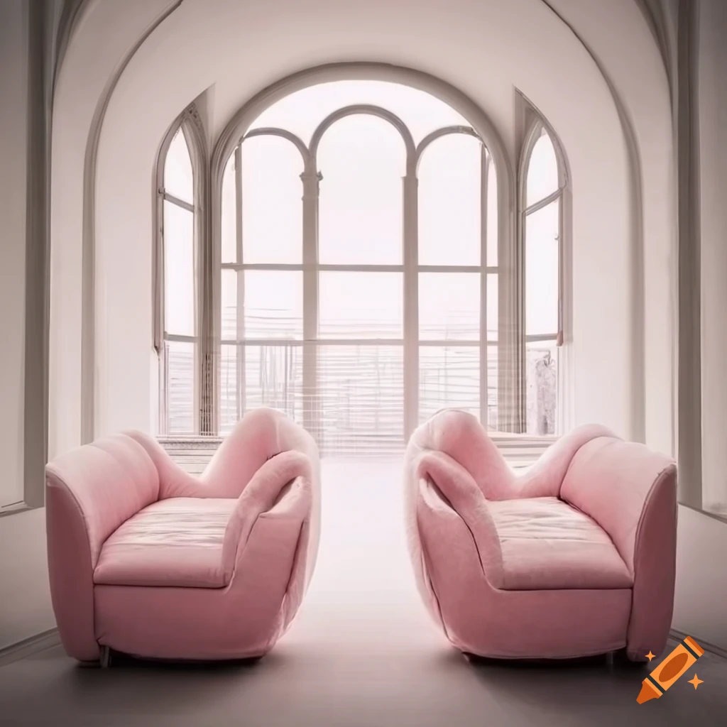 Abandoned curved white modern lobby with tattered pale pink sofas and ...