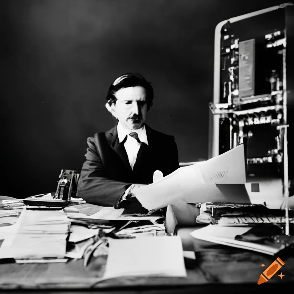 Nikola tesla sitting at his desk surrounded by papers and electrical ...