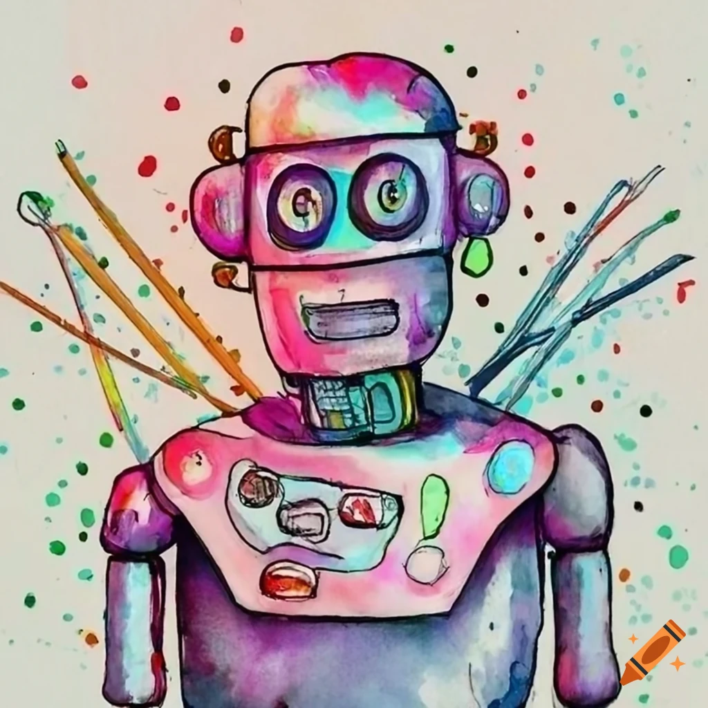 Ink and watercolor drawing of a robot with noodle hair