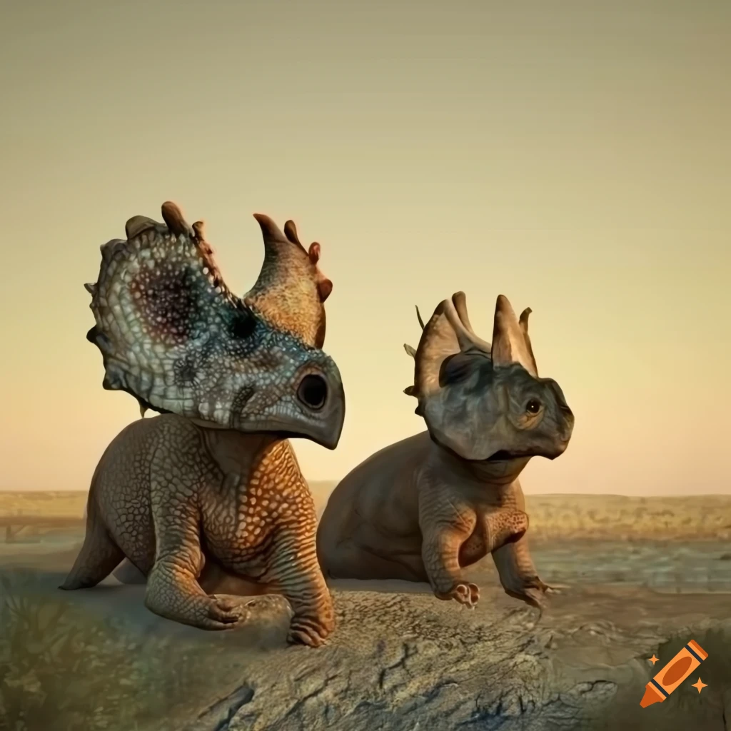 A couple of grey and brown mottled protoceratops lying down sitting ...