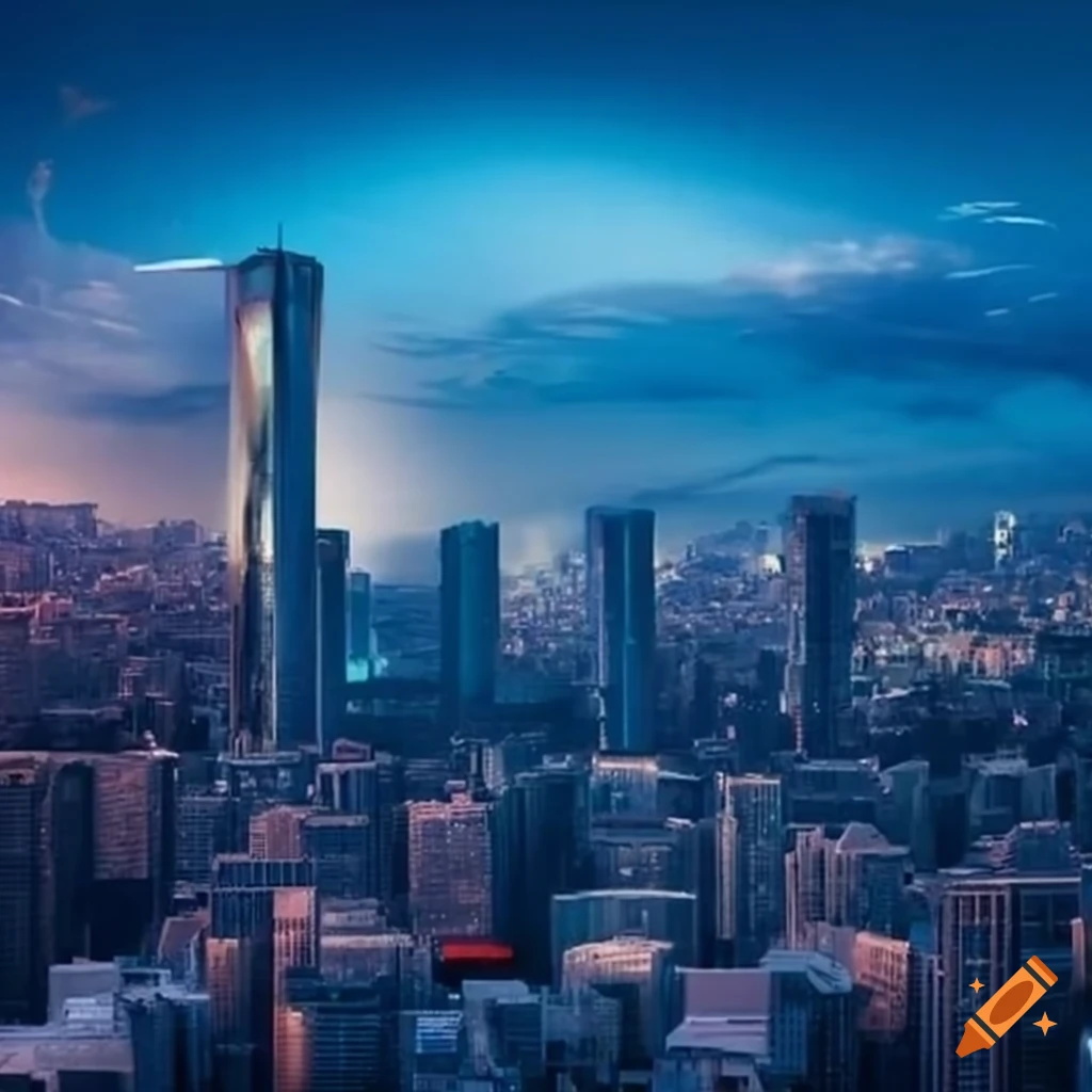 Futuristic cityscape of tehran with flying vehicles and skyscrapers