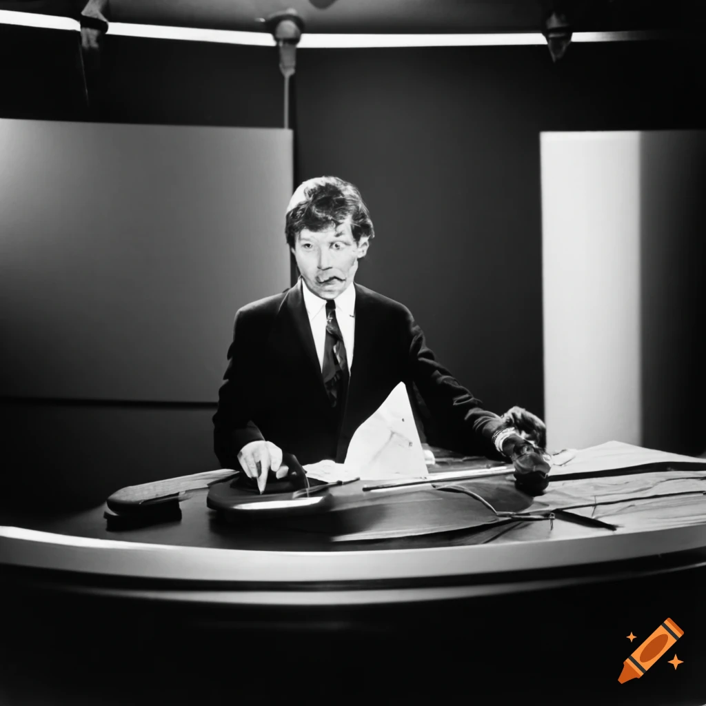 1970s news studio with single news anchor male. newsdesk has microphone ...