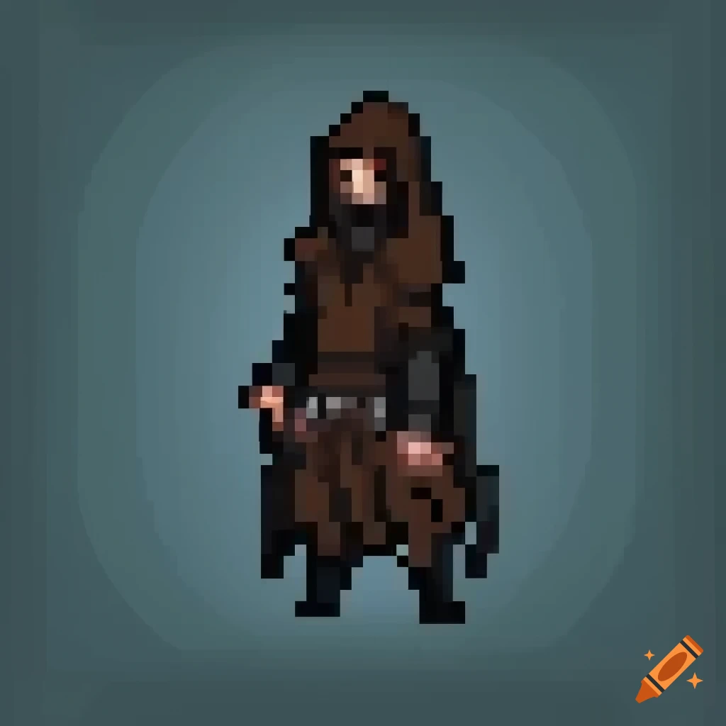 Dark character sprite in a hooded cloak, pixel art on Craiyon