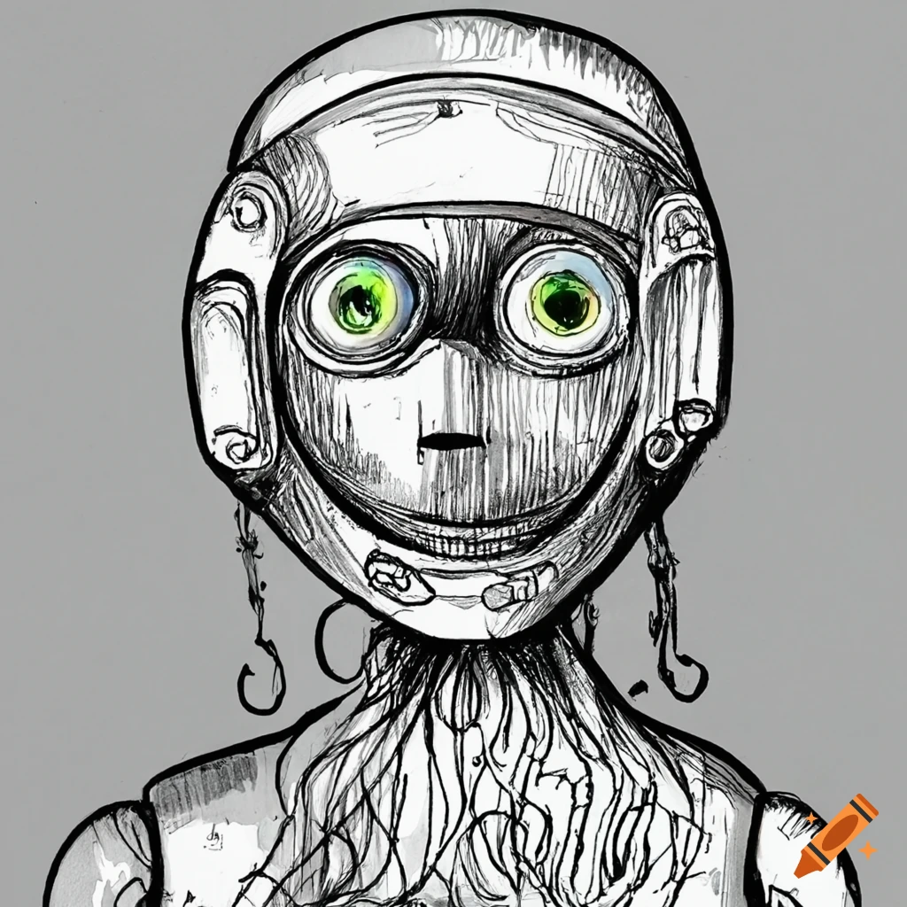 Ink and watercolor drawing of a robot with noodle hair on Craiyon