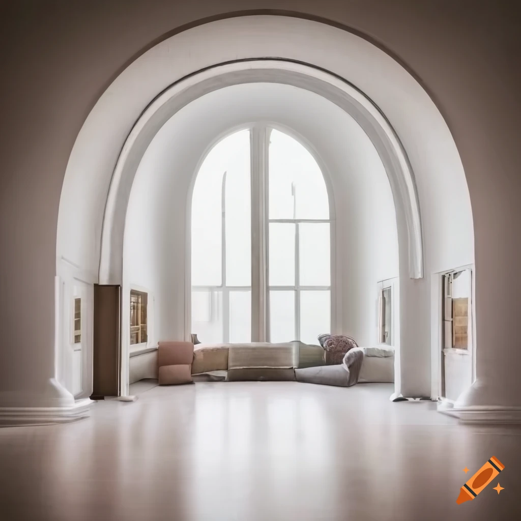 Abandoned curved white modern lobby with tattered pale pink sofas and ...