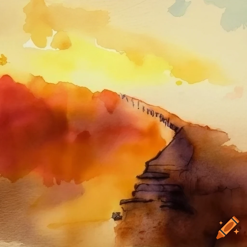 Hadrian's wall sunset ink line and watercolor wash painting on Craiyon