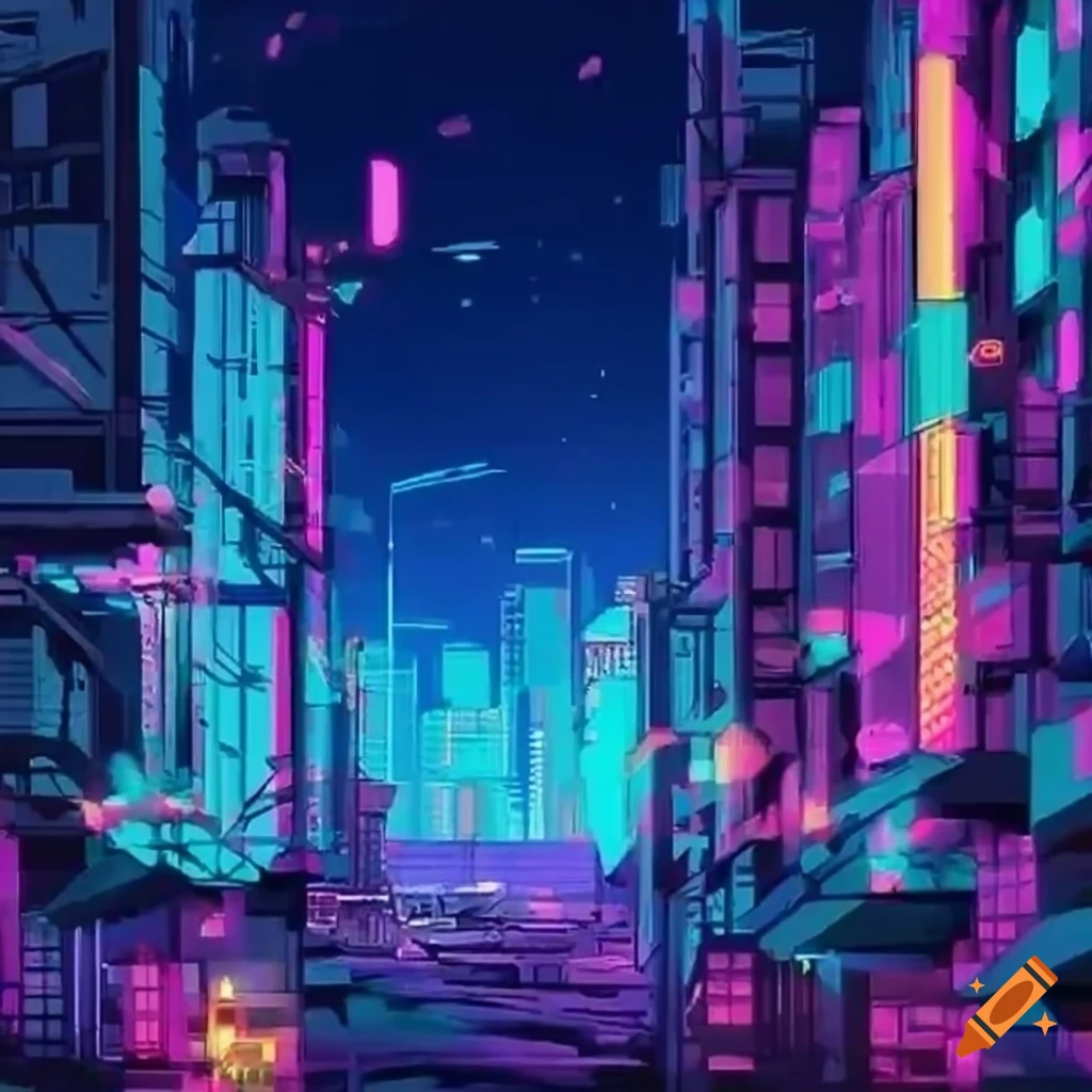 A neon cityscape at night with vibrant colors. anime on Craiyon
