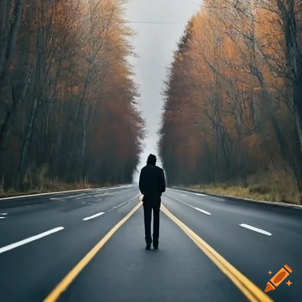 A man from behind walking on an endless road (infinite)