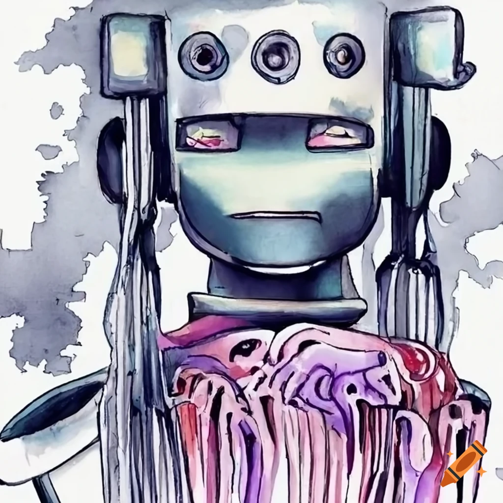Watercolor robot with noodles for hair black ink