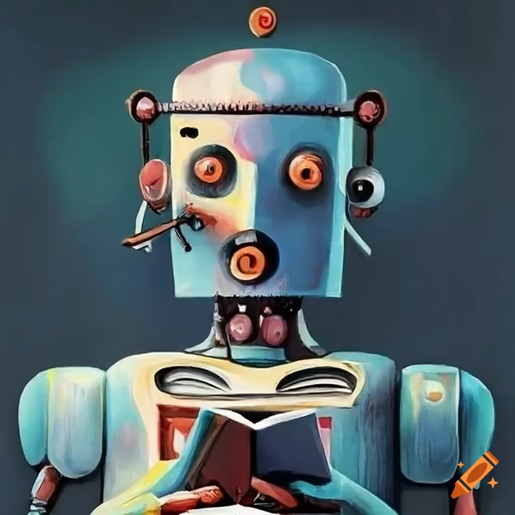 A robot painted by dali reading a book landscape mode